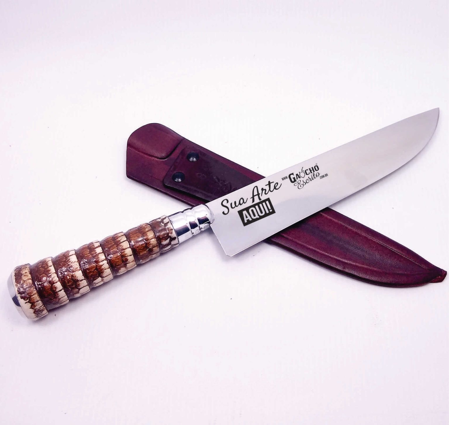 Kit Faca Chaira e Garfo Inox Cabo em Osso e Chifre Personalizado